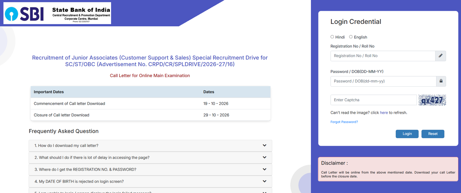 SBI Clerk Mains Admit Card 2026 Released: Download Now for October 29 ...